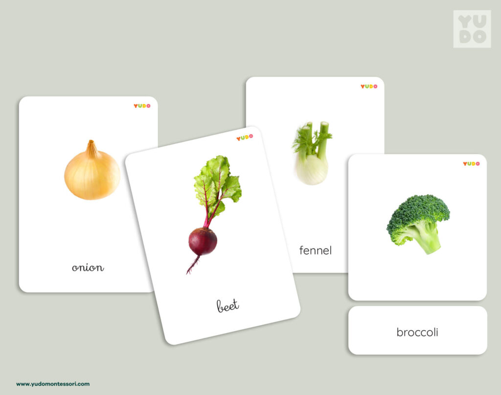 Greens and vegetables language cards - yudo montessori