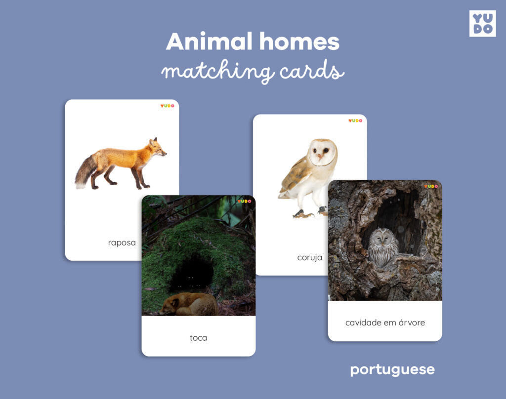 Animal homes matching cards in Portuguese - yudo montessori