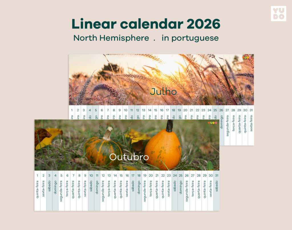 2026 Linear Calendar Northern Hemisphere in Portuguese - yudo montessori